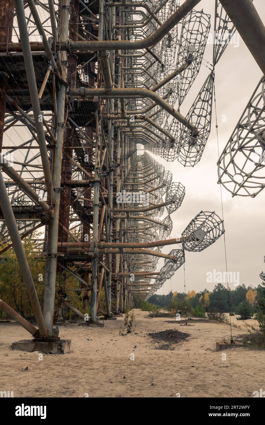 Looking up at the steel cages of the DUGA radar array in Chernobyl ...