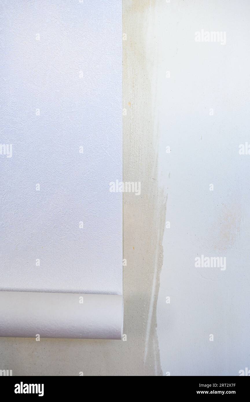 A roll of white wallpaper. Attaching wallpaper to the wall. Close-up ...
