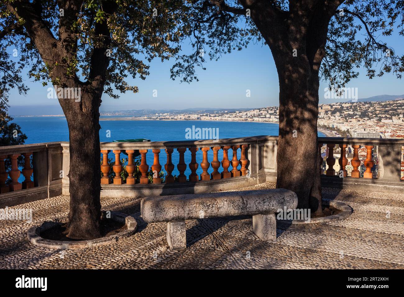 France, Nice city from above, hilltop viewpoint with cobbled terrace ...
