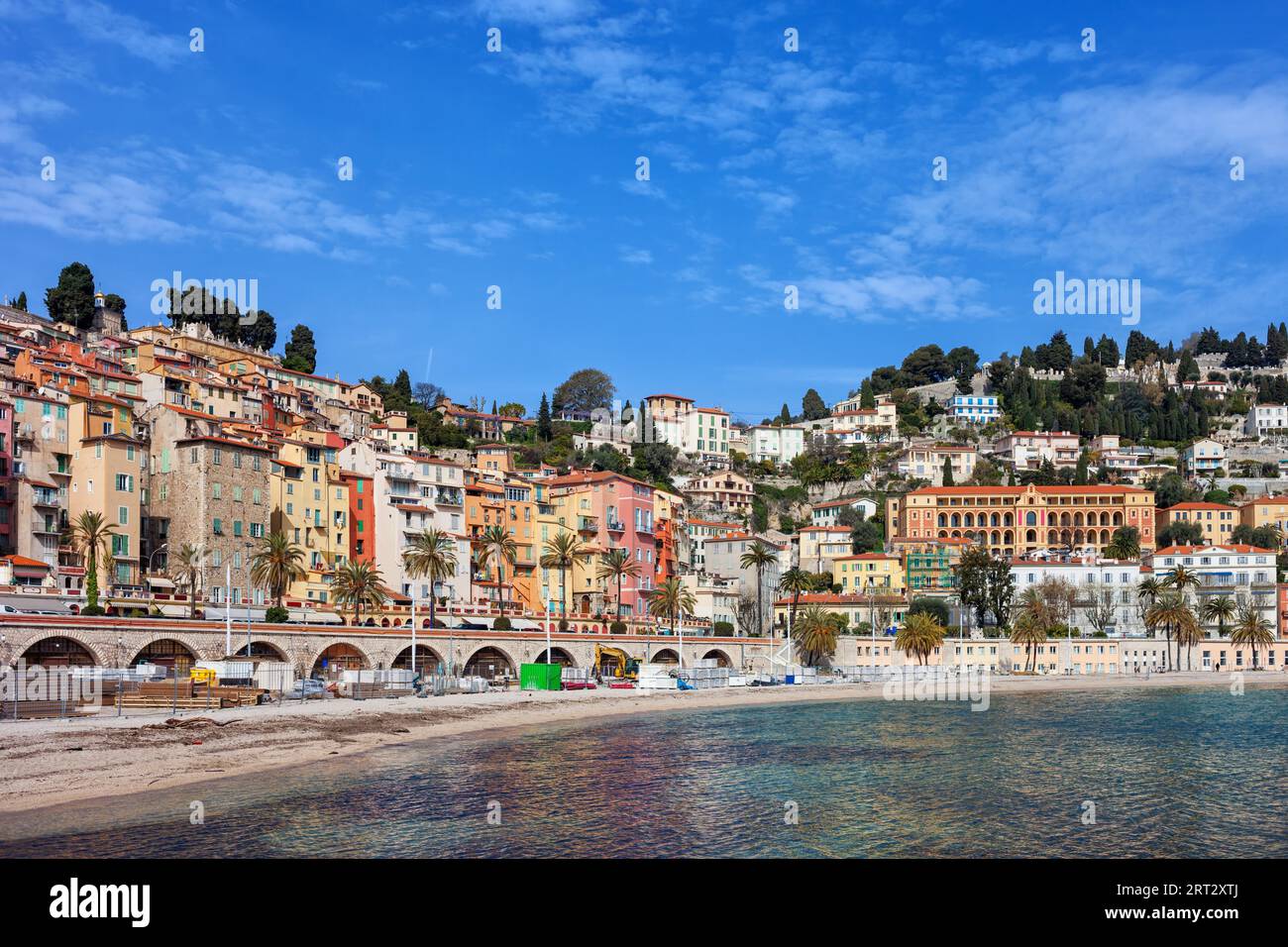 Menton town, French Riviera coastal resort at Mediterranean Sea in ...