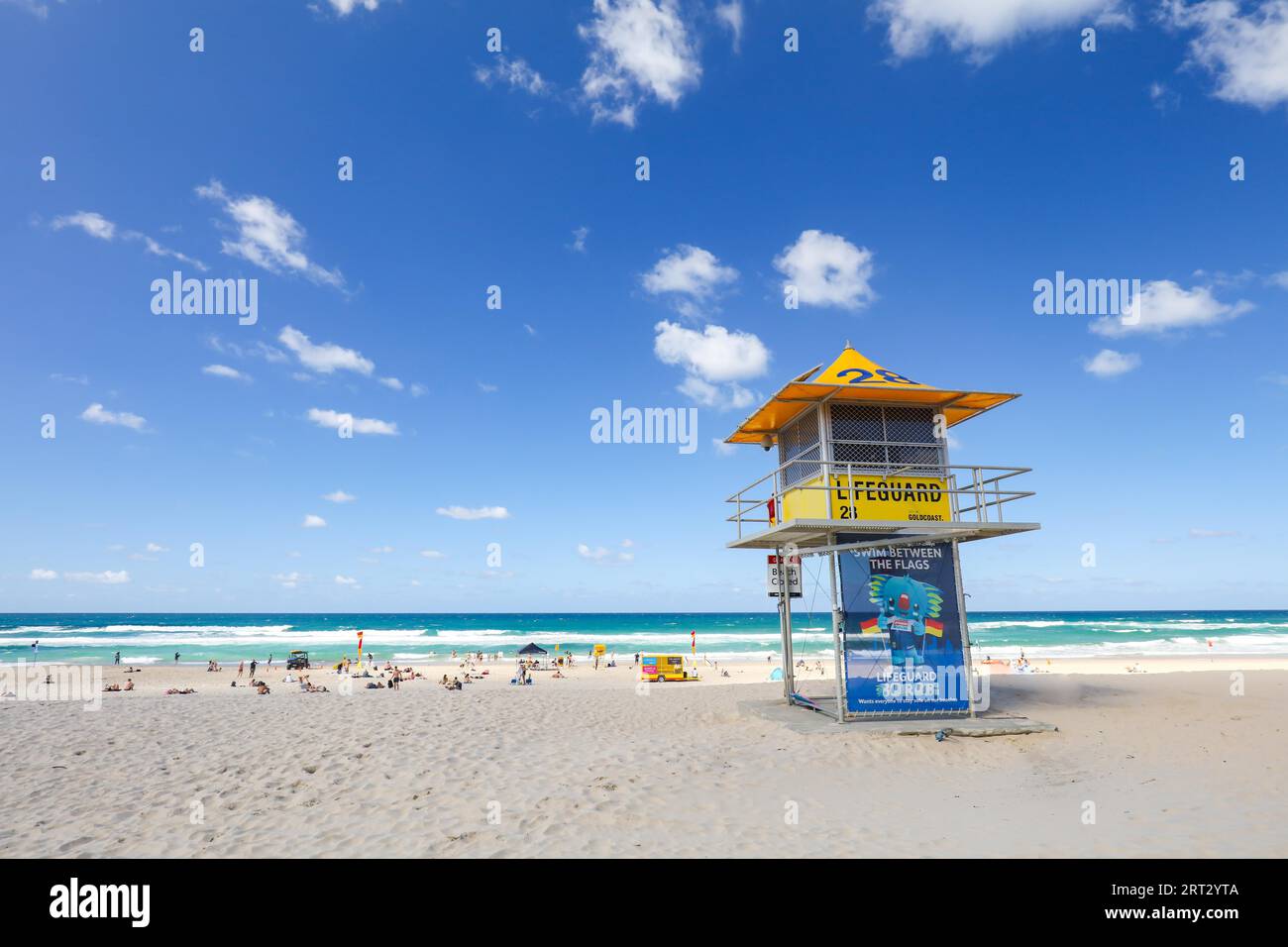 Surf lifesaving signage and tower in Broadbeach, Gold Coast, Queensland ...