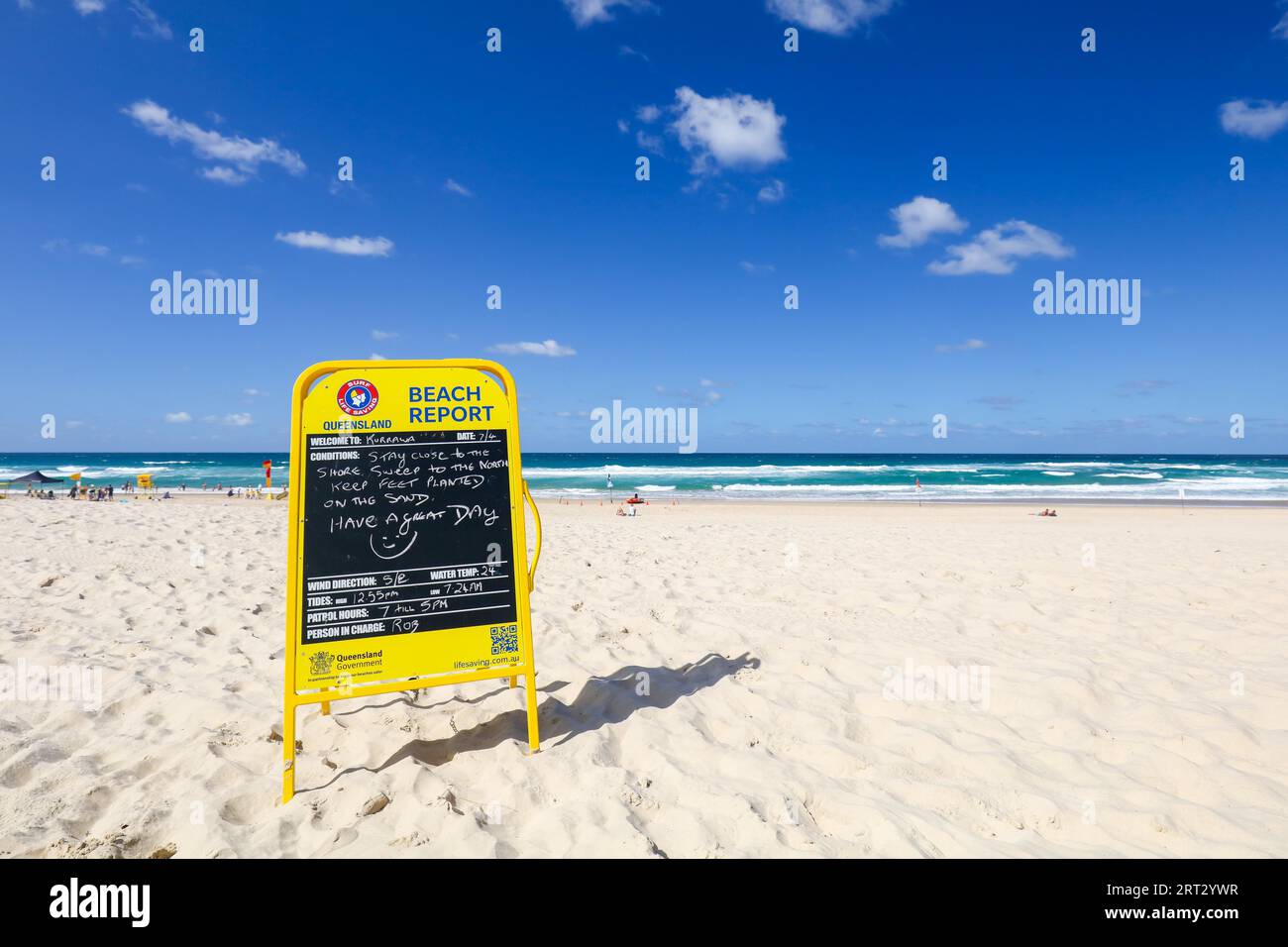 Surf lifesaving signage and tower in Broadbeach, Gold Coast, Queensland ...