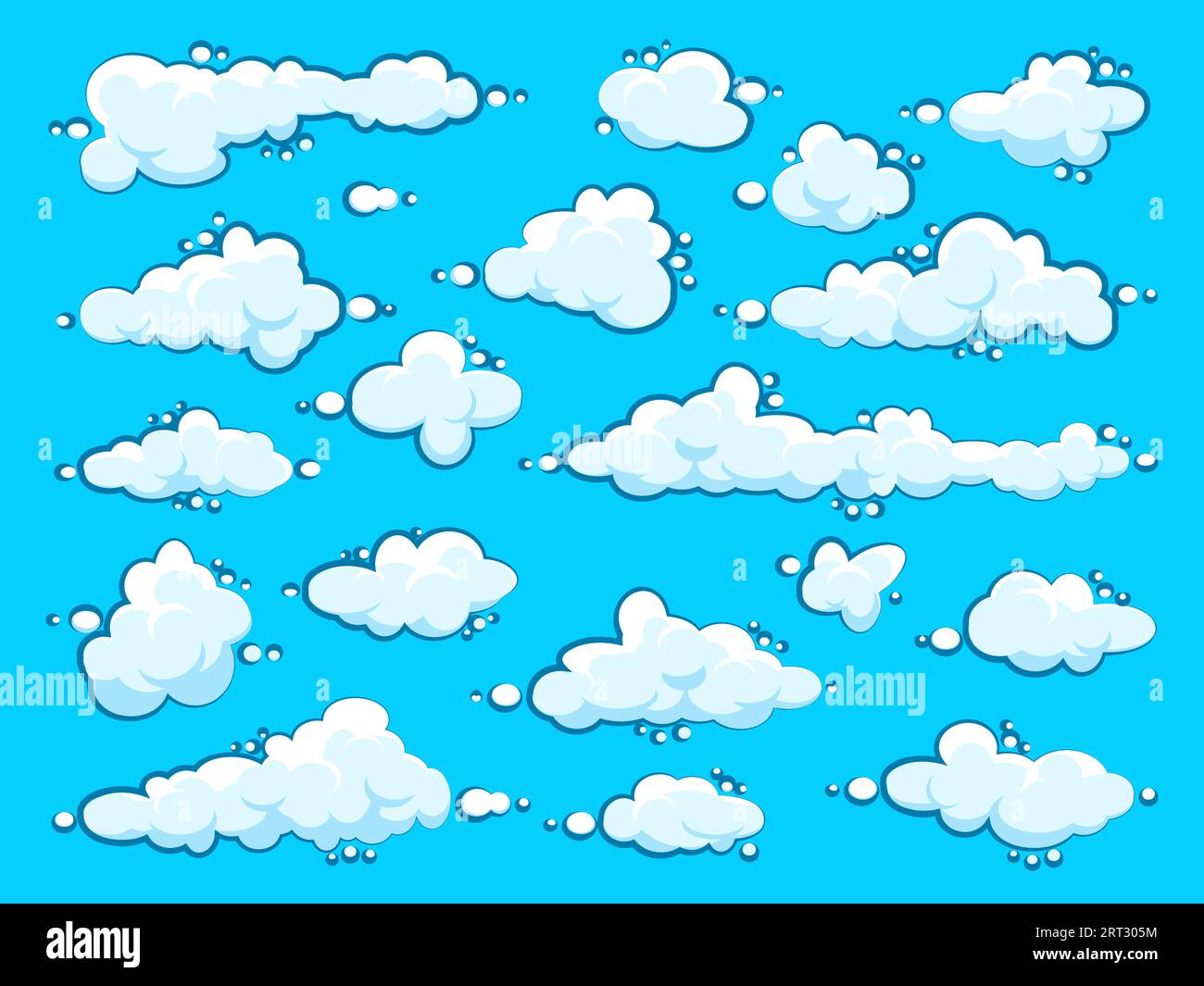 Painted cartoon clouds on blue background. Simple hand drawn round ...