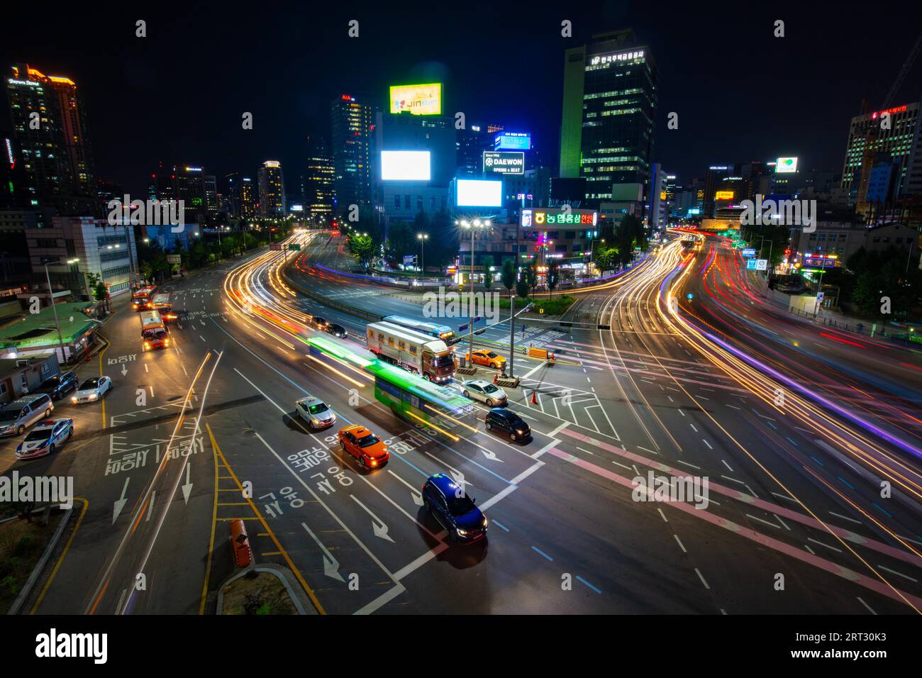SEOUL, AUGUST 21: A view of Seoul traffic at night from Seoullo 7017 ...