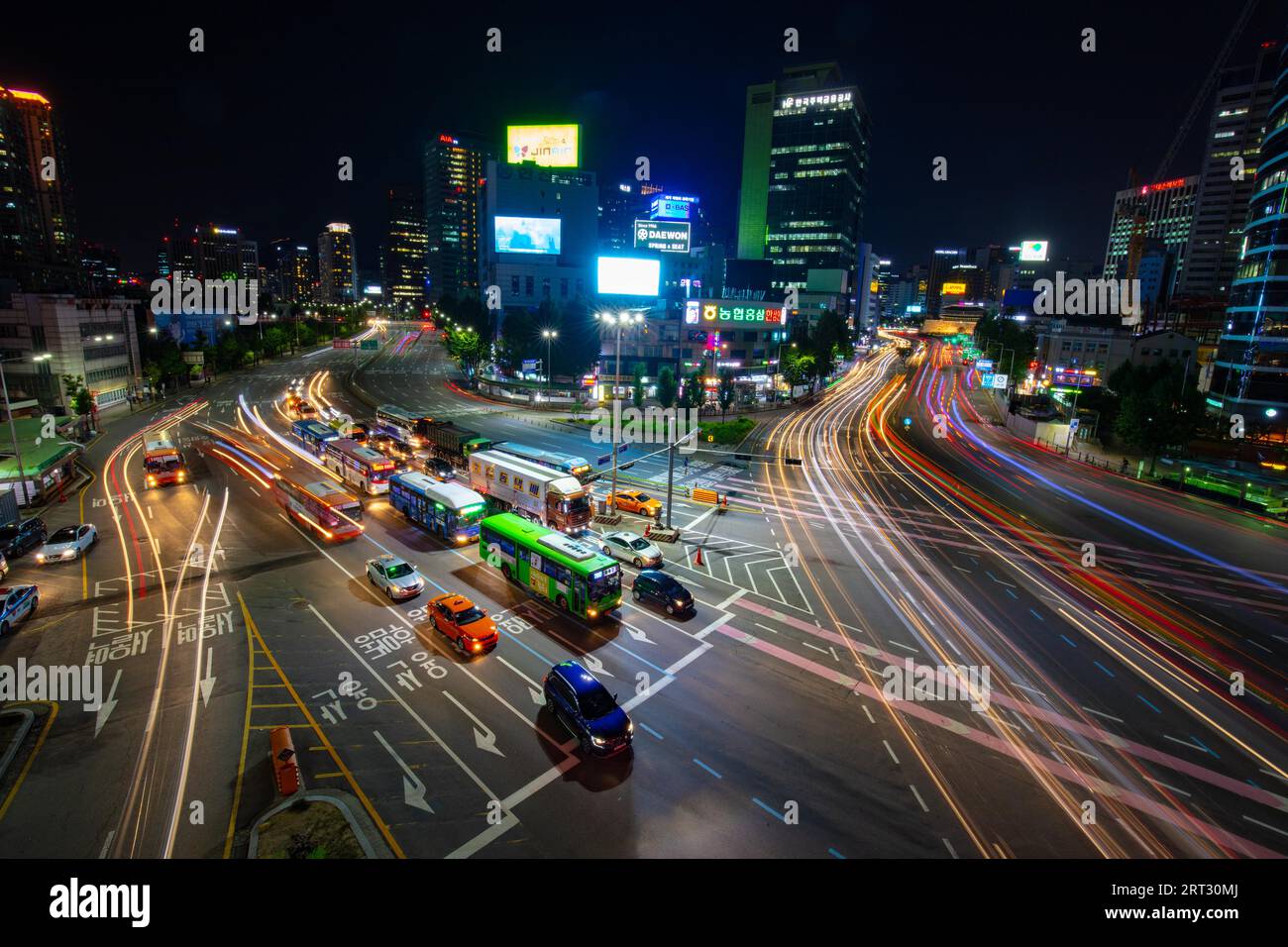SEOUL, AUGUST 21: A view of Seoul traffic at night from Seoullo 7017 ...