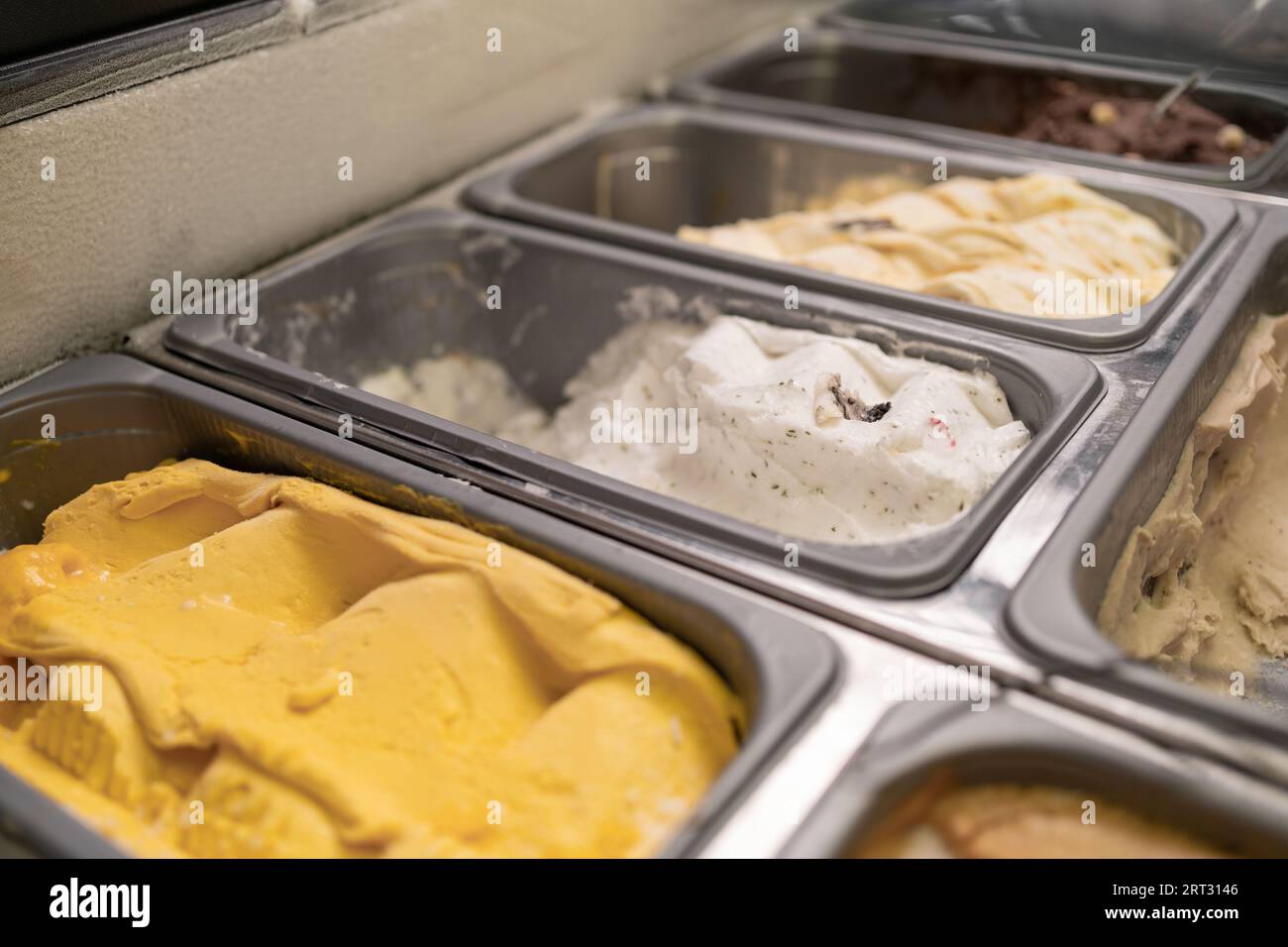 Big choice of ice cream. Italian gelateria. Ice-cream showcase in cafe ...