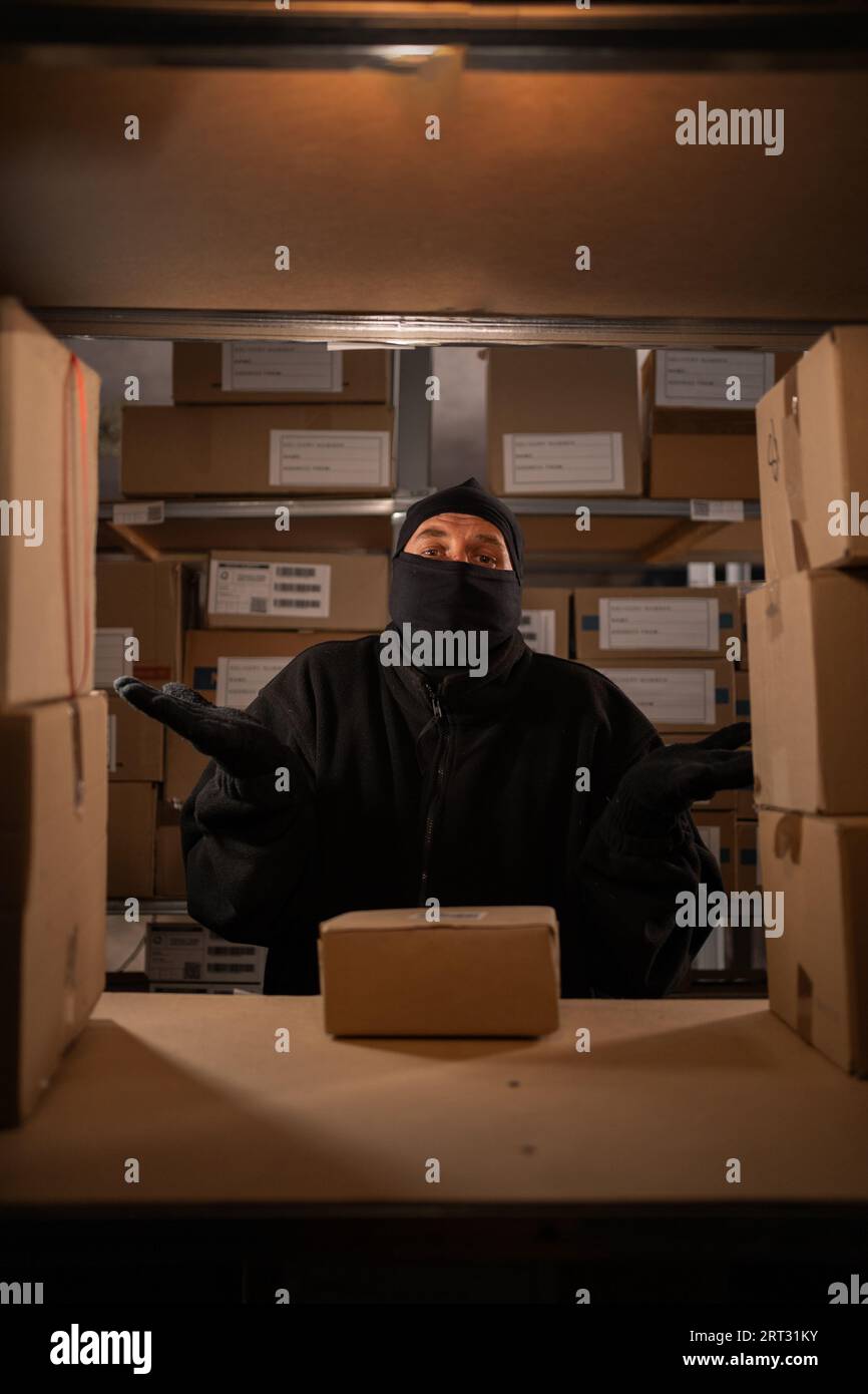 Thief caught red-handed in a warehouse with cardboard boxes, warehouse ...