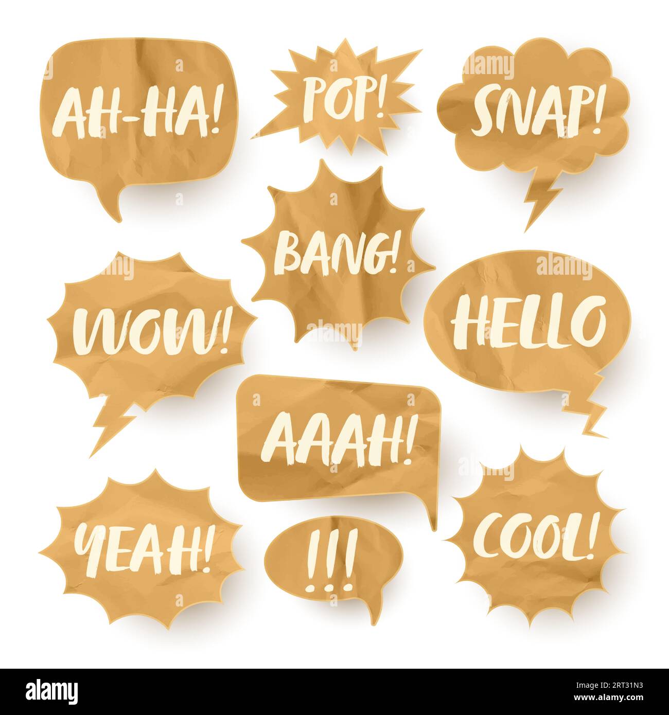 Crumpled paper comic speech bubbles. Hand drawn retro cartoon stickers ...