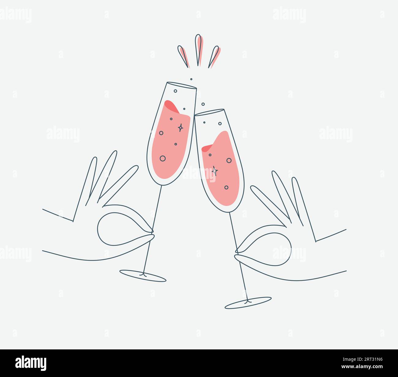 Hand holding champagne clinking glasses drawing in flat line style ...