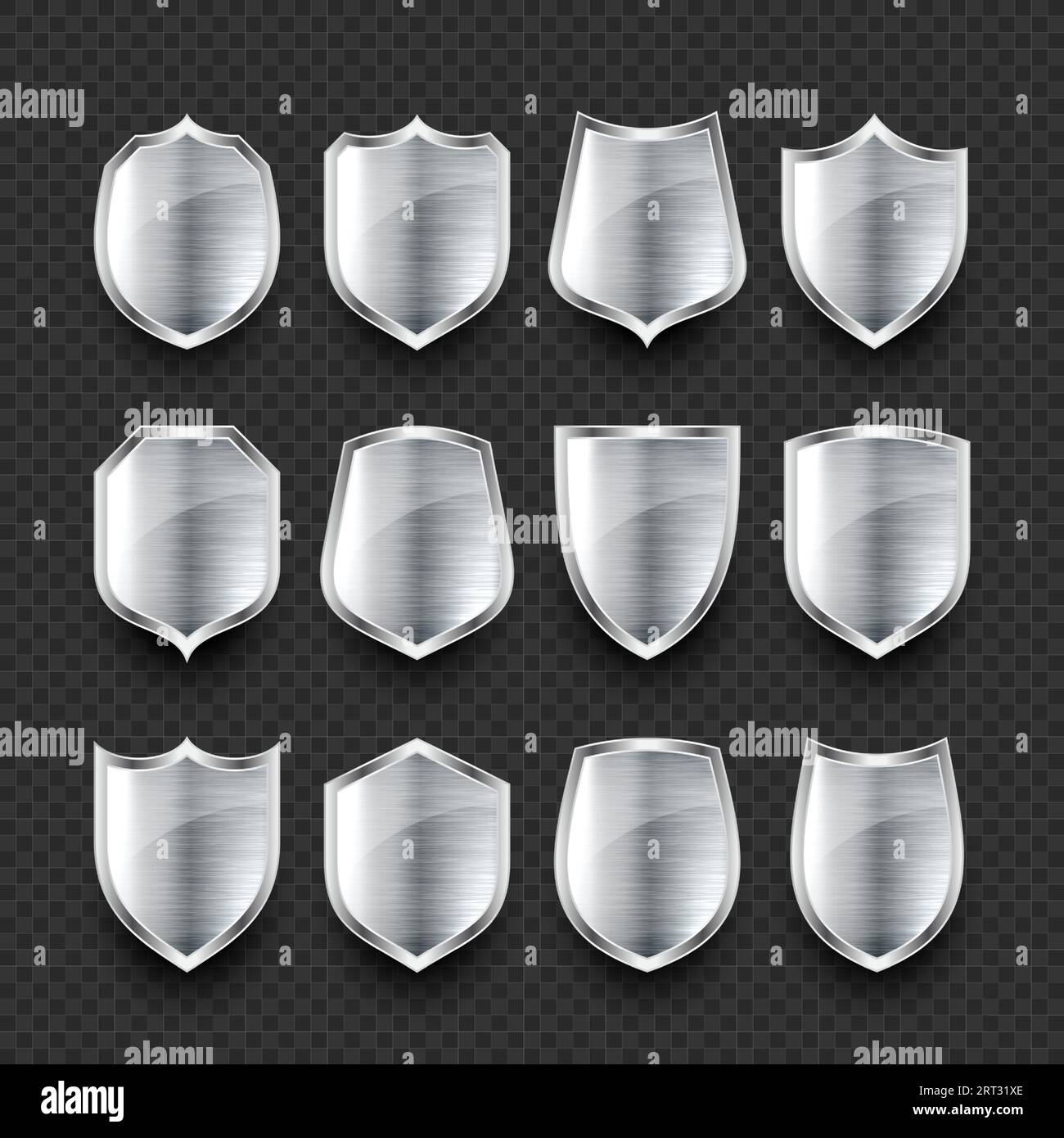 Set of various vintage 3d metal shield icons. Shiny steel heraldic ...