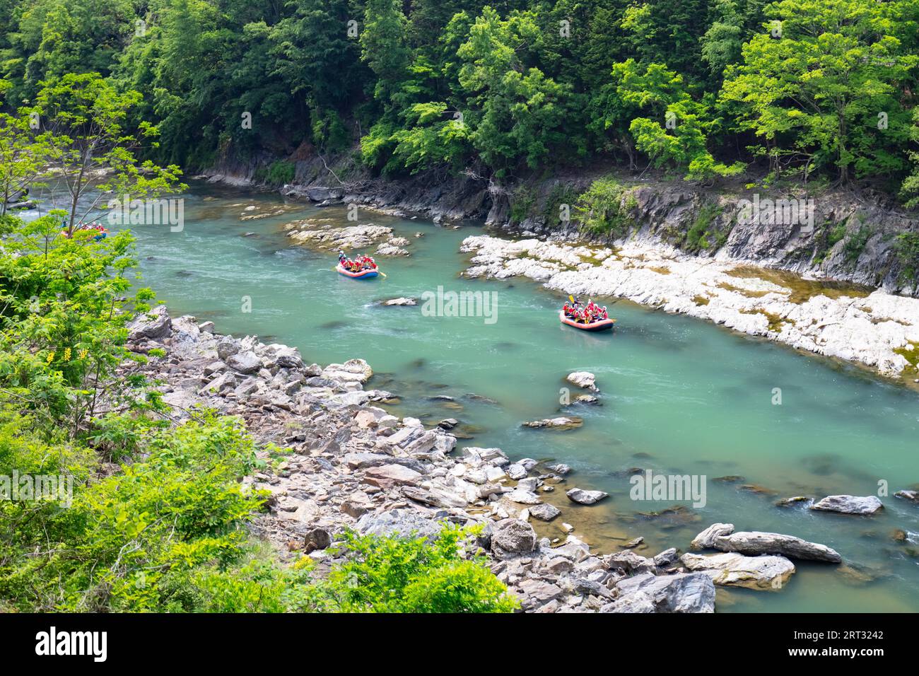 Kyoto, Japan, May 16 2019: Japanese children on a rafting trip along ...