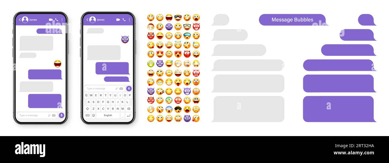 Smartphone messaging app, user interface design with emoji. SMS text ...