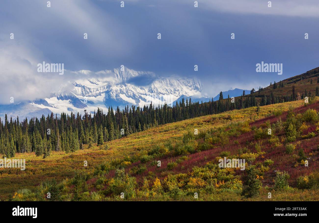 Picturesque Mountains of Alaska in summer. Snow covered massifs ...