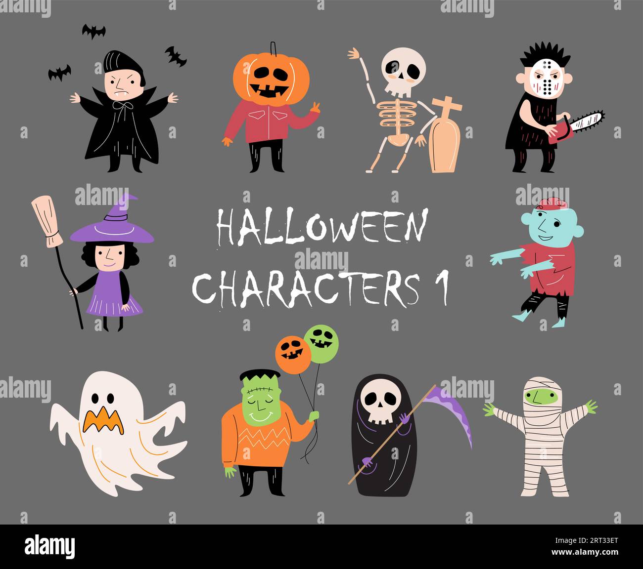 Doodle style halloween cartoon characters . Gray isolate background ...