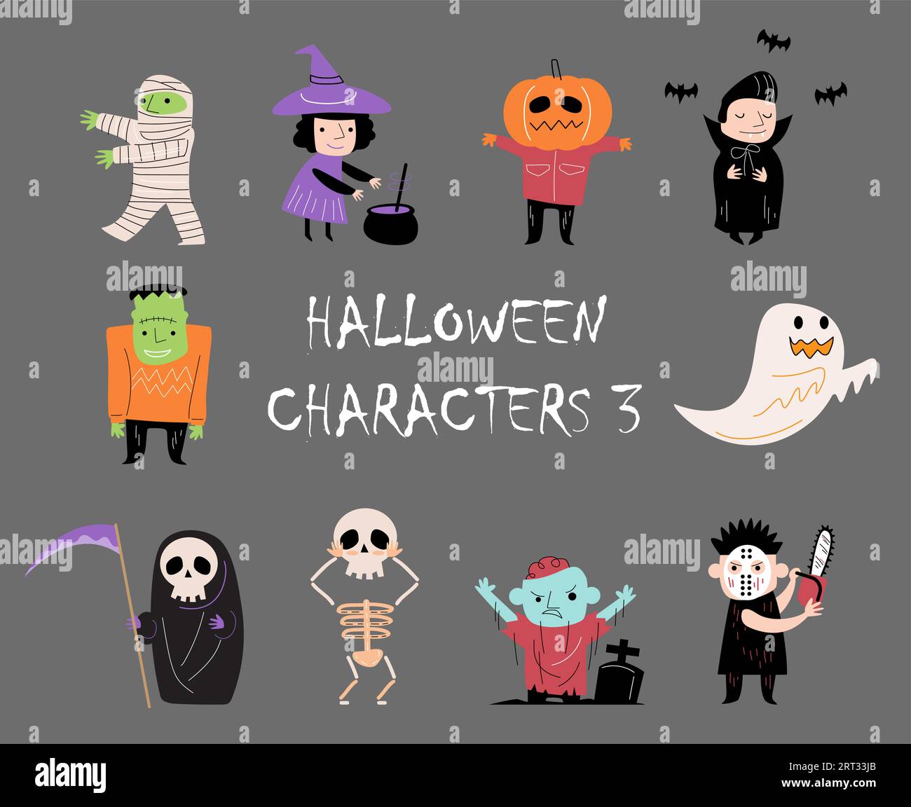 Doodle style halloween cartoon characters . Gray isolate background ...