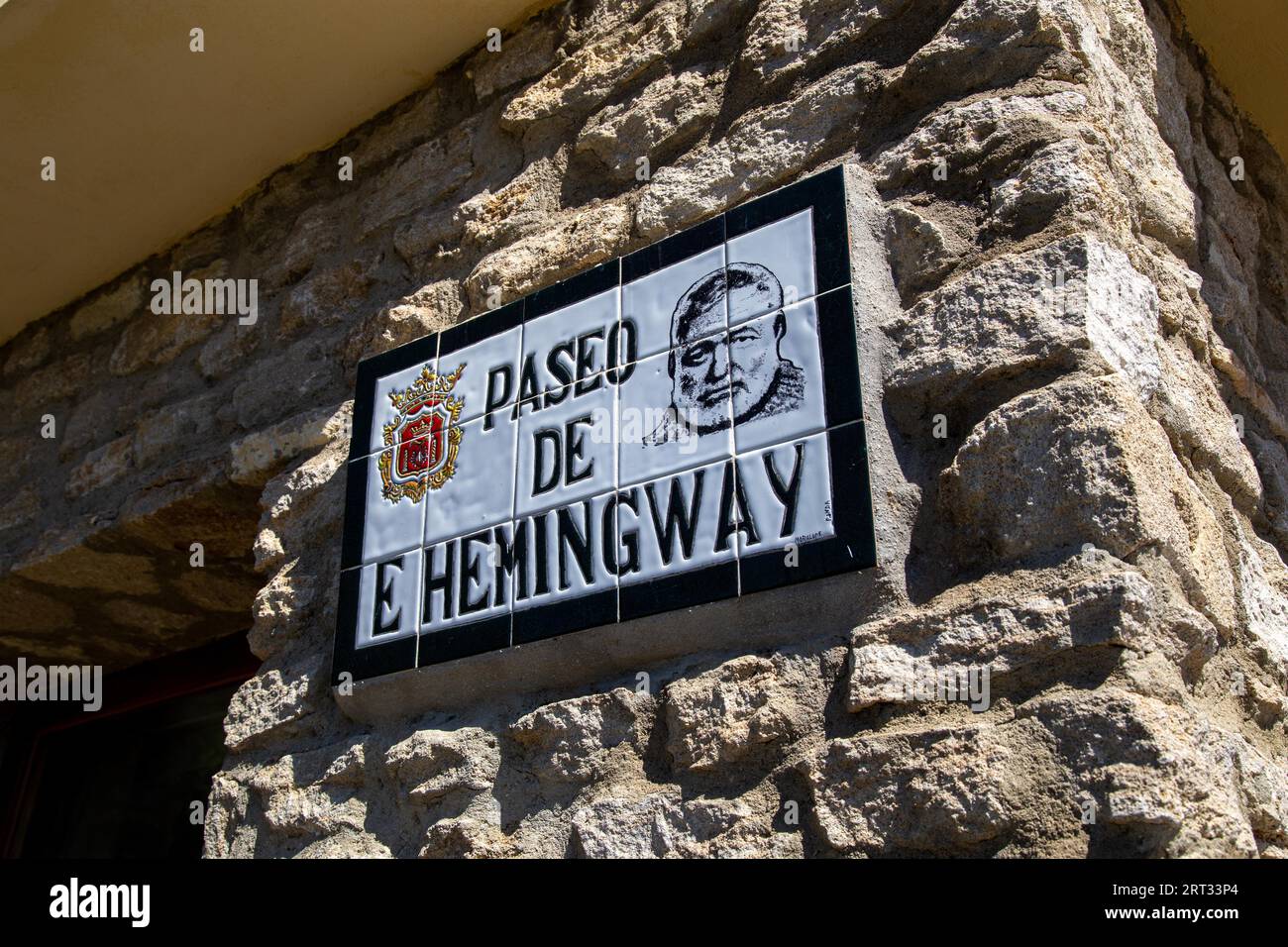 Ronda, Spain, May 30, 2019: Ernest Hemingway Road sign in the historic ...