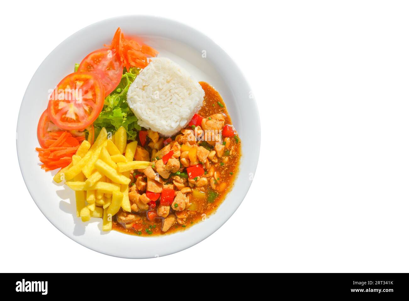 Tasty chess chicken with rice, fries and salad as a side. White ...