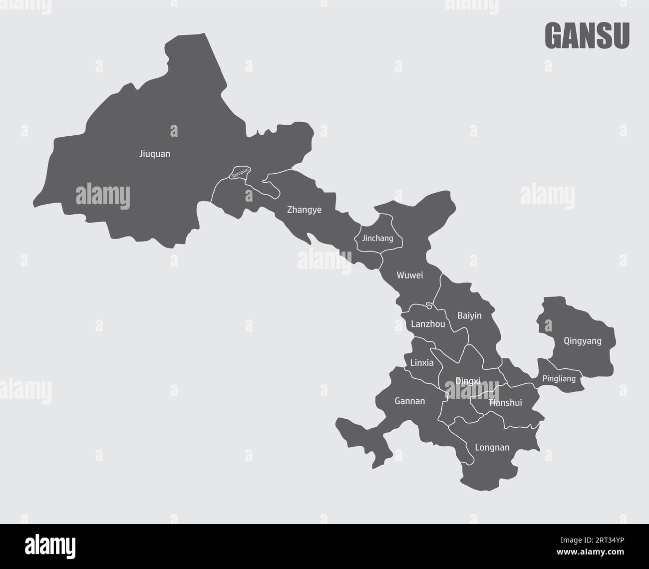 Gansu province administrative map isolated on gray background, China ...
