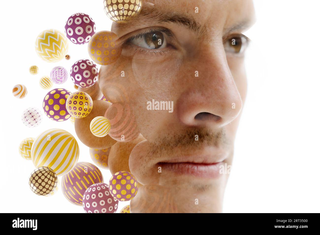 A double exposure male portrait combined with 3D spheres on white ...