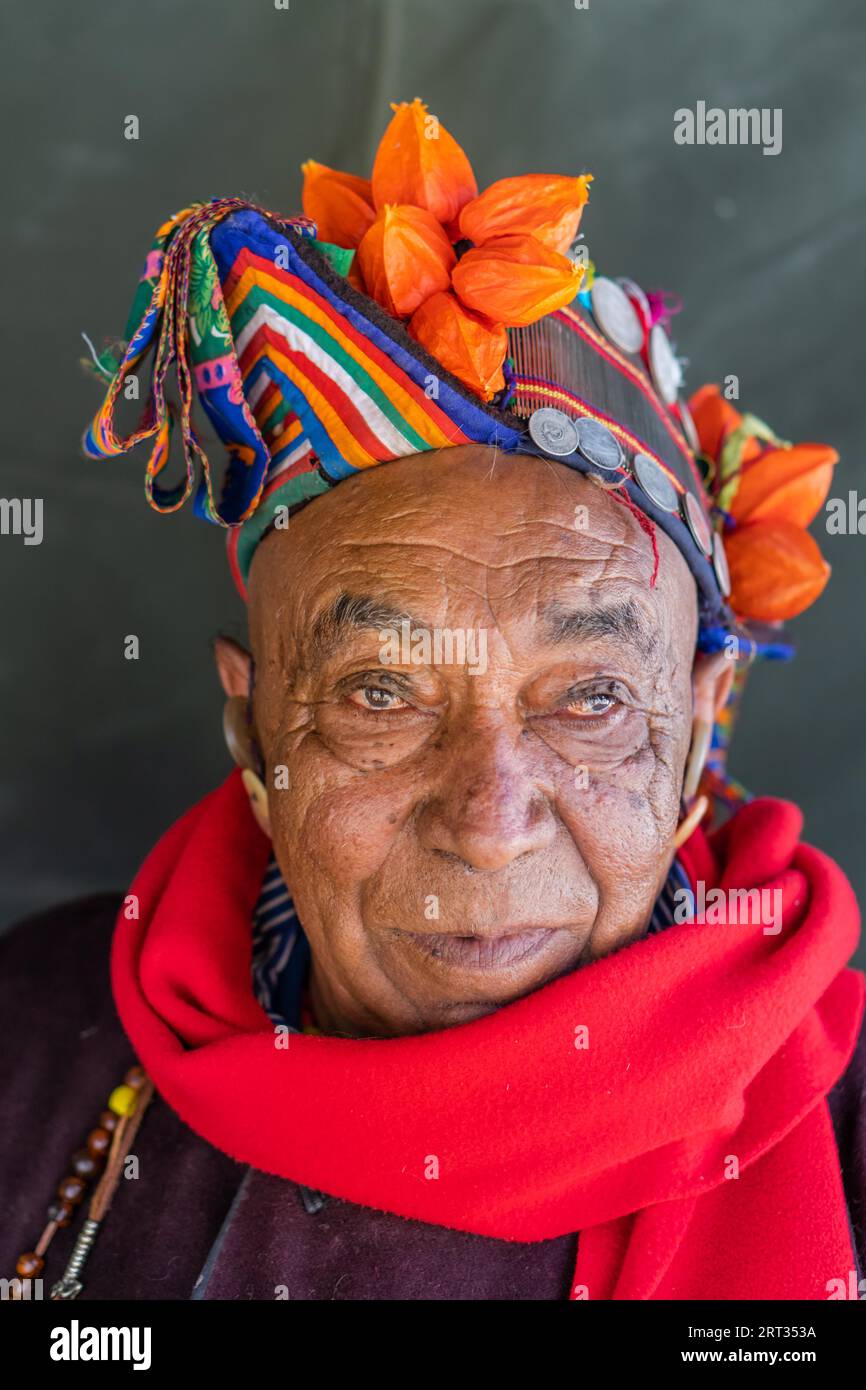 Ladakh, India, August 29, 2018: Portrait of an old indigenous man with ...