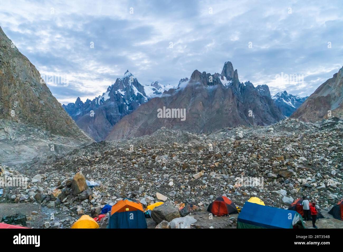 Campsite on Baltoro Glacier with view of majestic trango Towers in ...