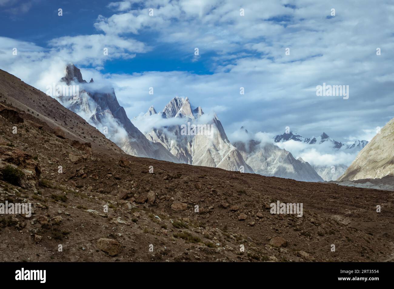 Sunlit peaks of Trango Towers in Karakoram Mountain Range in Pakistan ...