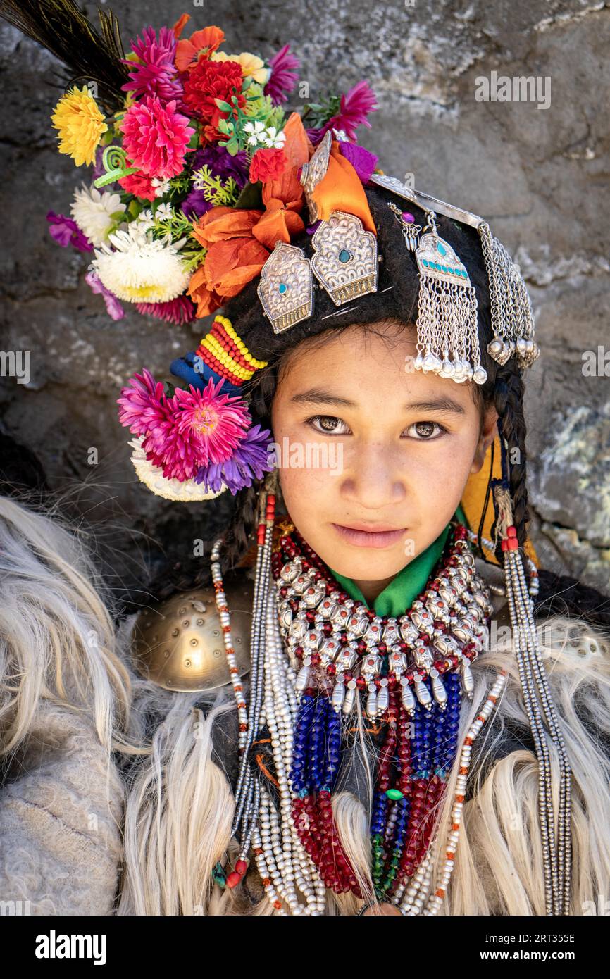 Ladakh, India, August 29, 2018: Portrait of an indigenous girl in ...