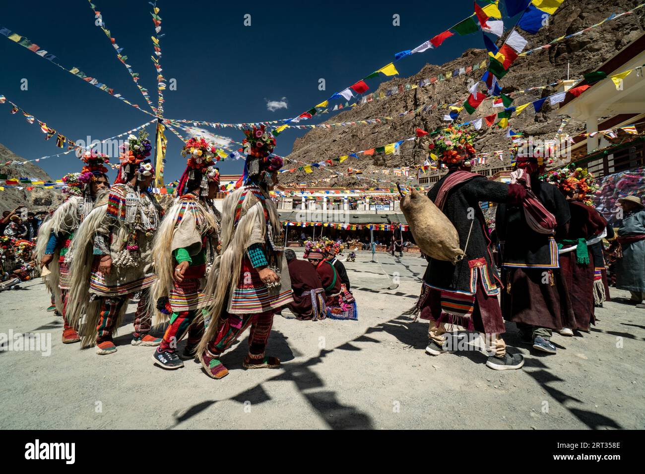 Ladakh, India, August 29, 2018: Performers in traditional costumes ...