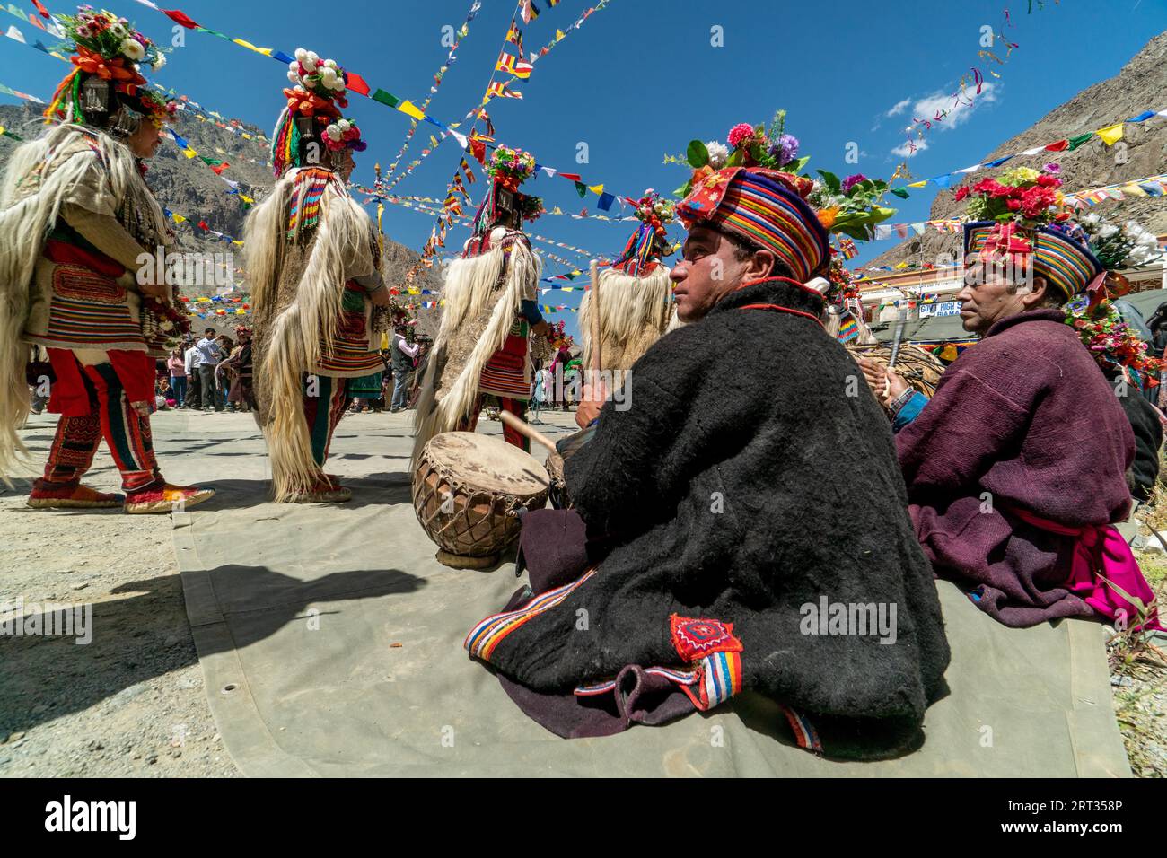 Ladakh, India, August 29, 2018: Performers in traditional costumes ...