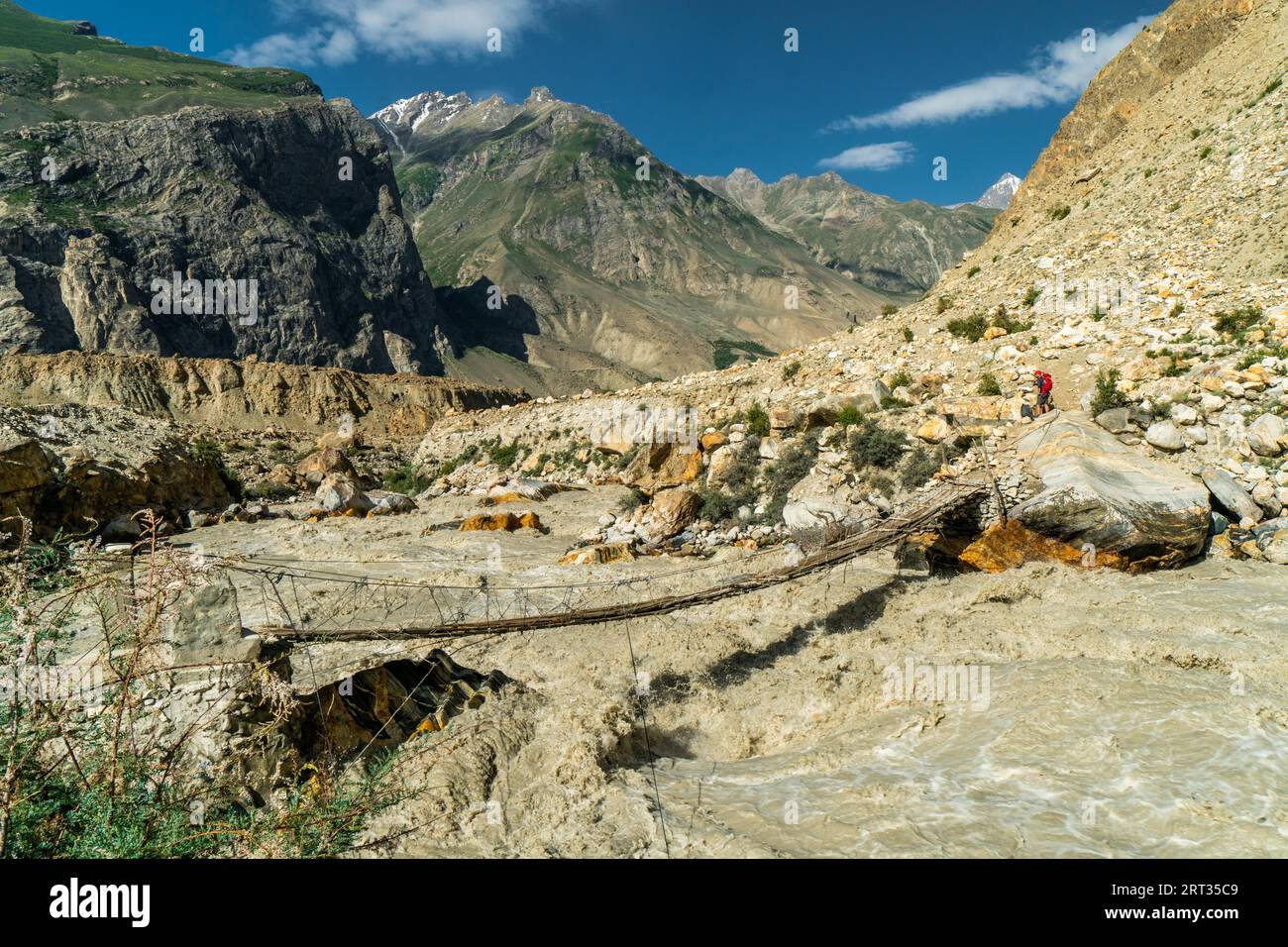 Hazardous river crossing on fragile bridge over a wild river in ...