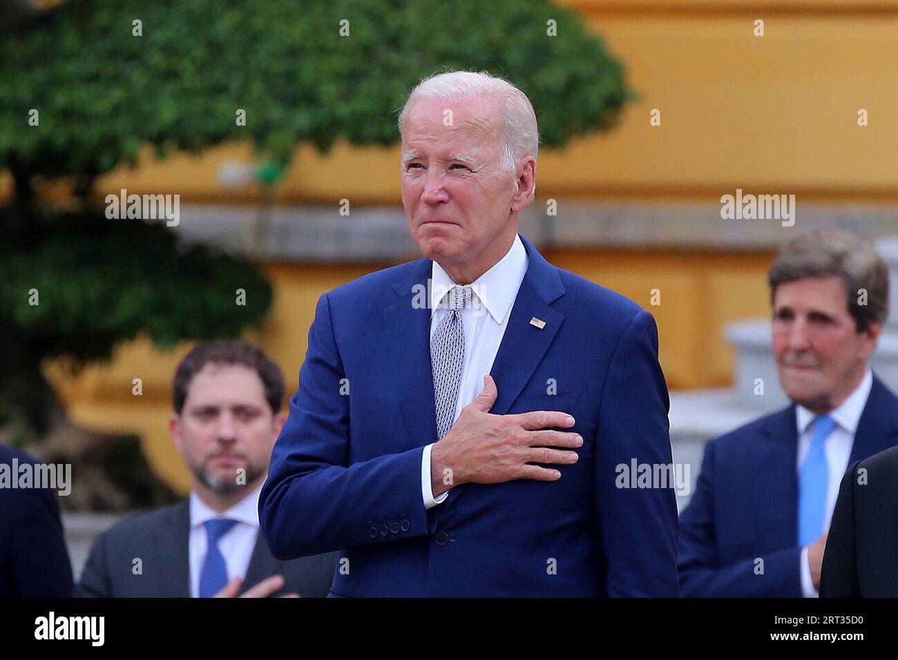 US President Joe Biden, front, attends a military welcome ceremony at ...