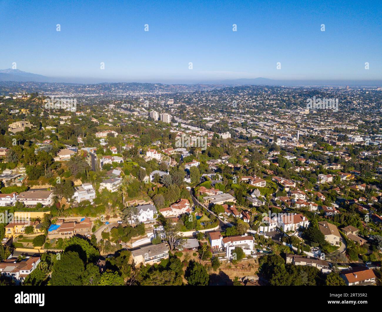 Aerial view of the Los Feliz neighborhood with large houses in the ...