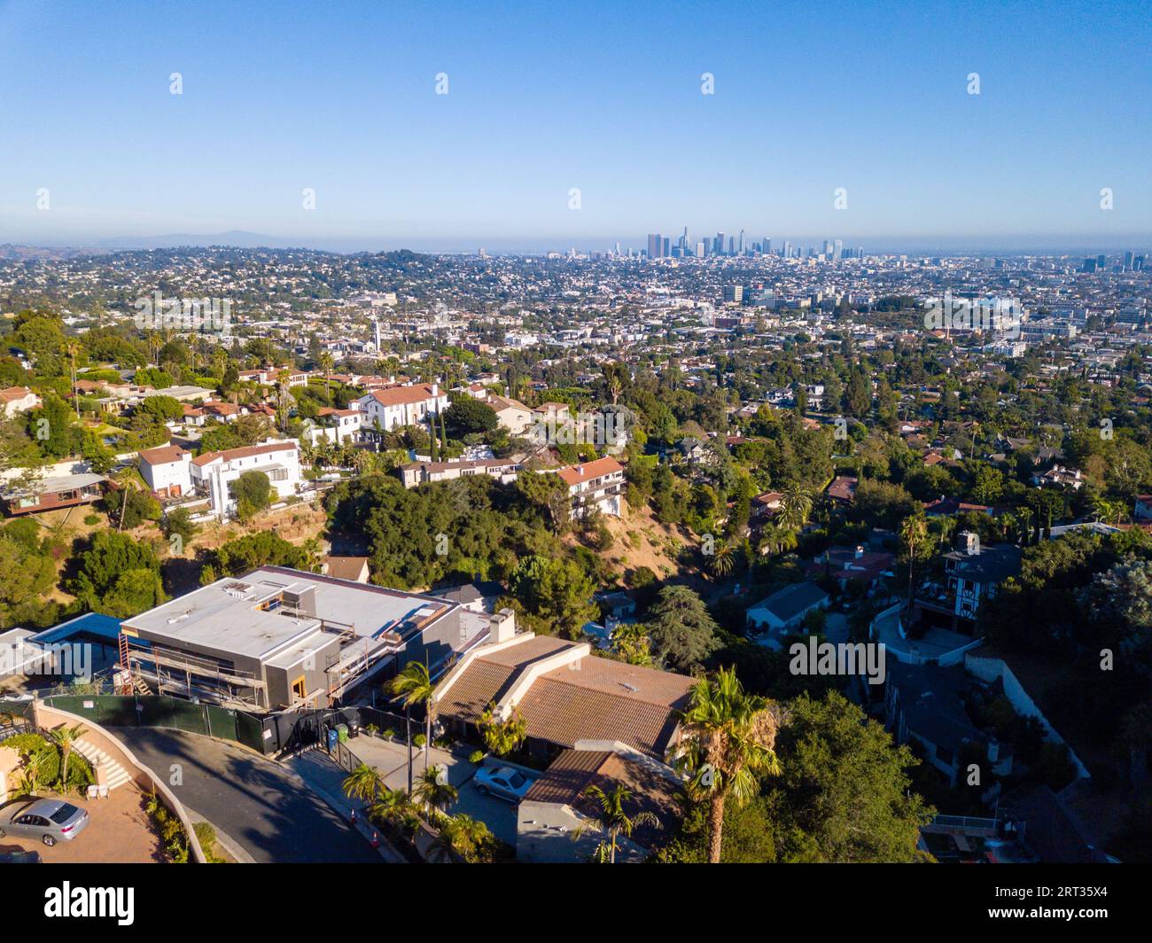Aerial view of the Los Feliz neighborhood with large houses in the ...