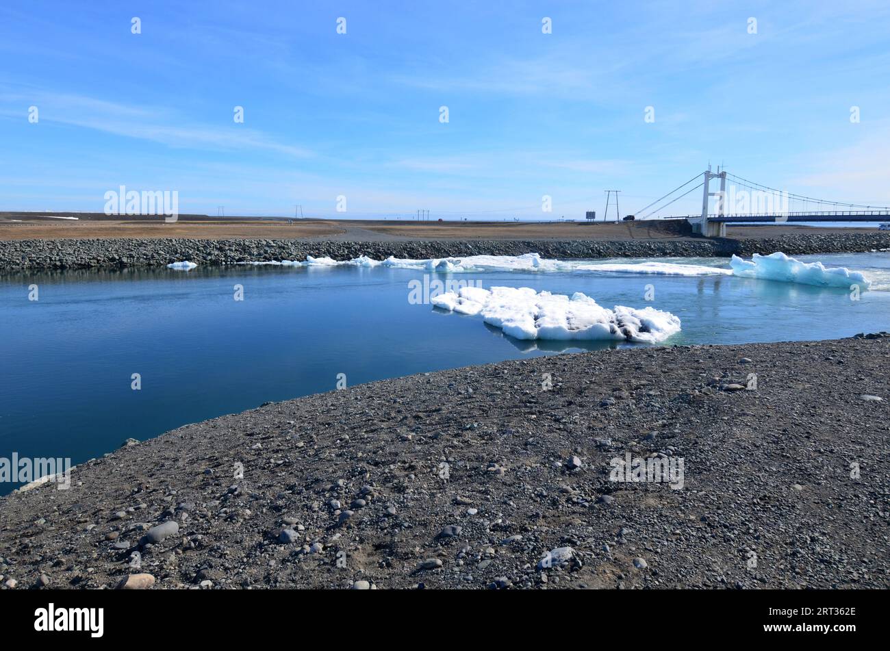 Icebergs floating down the stream under a bridge in Jokulsarlon Iceland ...