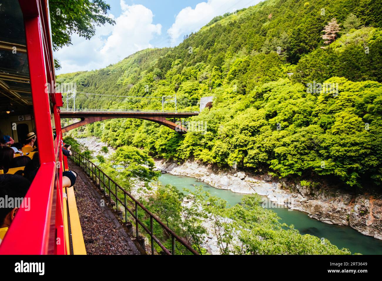 The world famous Sagano Romantic Train running along the Katsura River ...