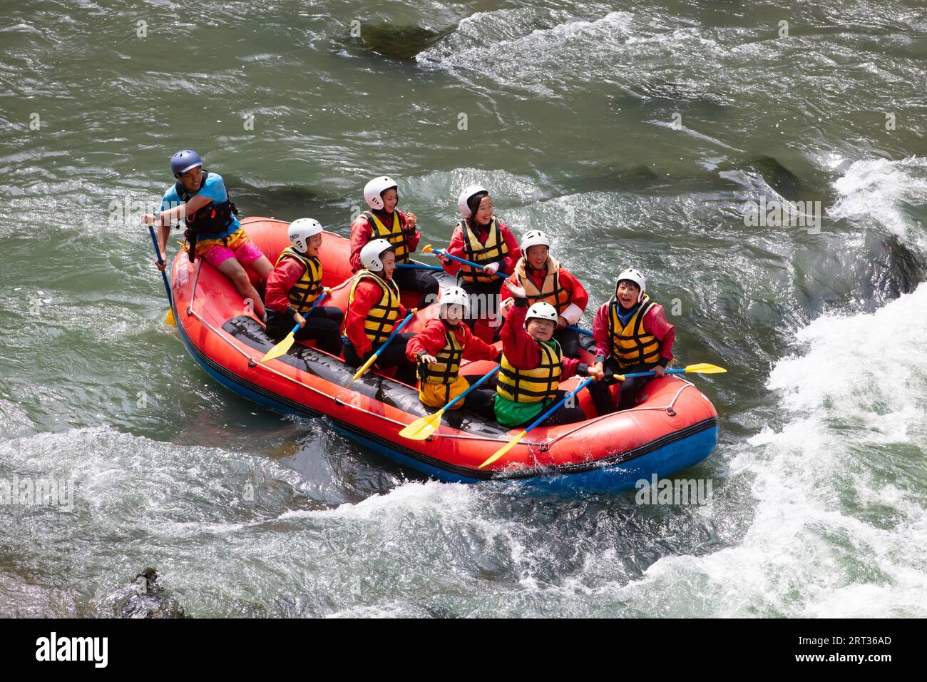 Kyoto, Japan, May 16 2019: Japanese children on a rafting trip along ...