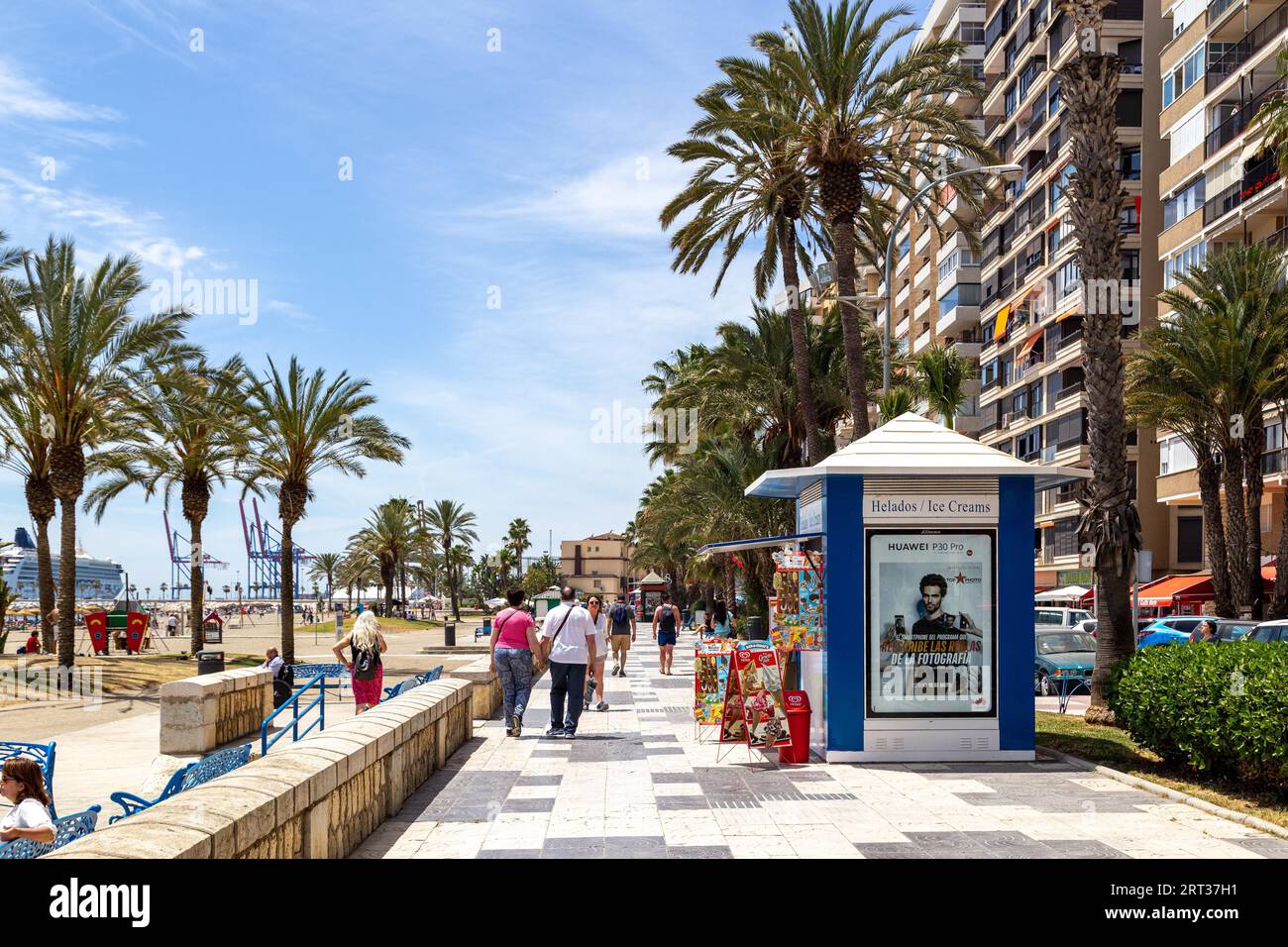 Malaga, Spain, May 24, 2019: People walking along the seafront ...