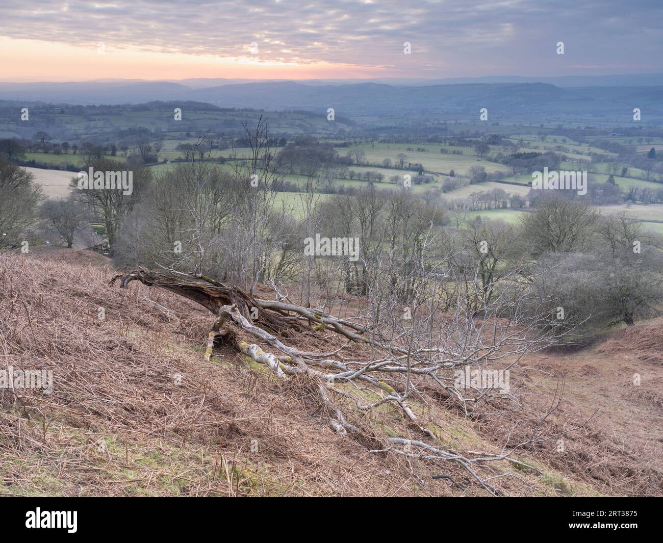 Sunset over Shropshire viewed from Brown Clee Hill which is the highest ...
