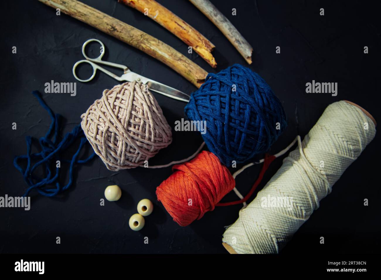 Tools for weaving in macrame technique. Cotton cords, scissors ...