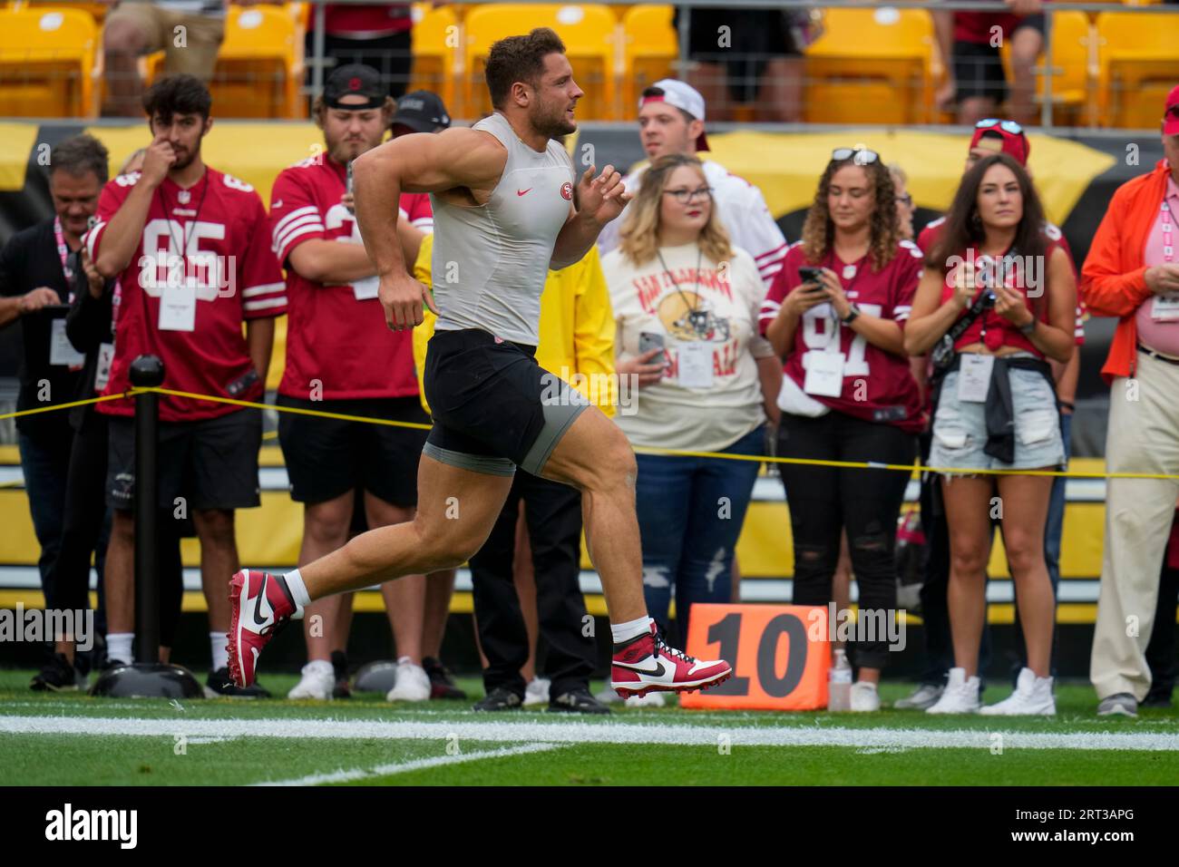 San Francisco 49ers defensive end Nick Bosa warms up before an NFL ...