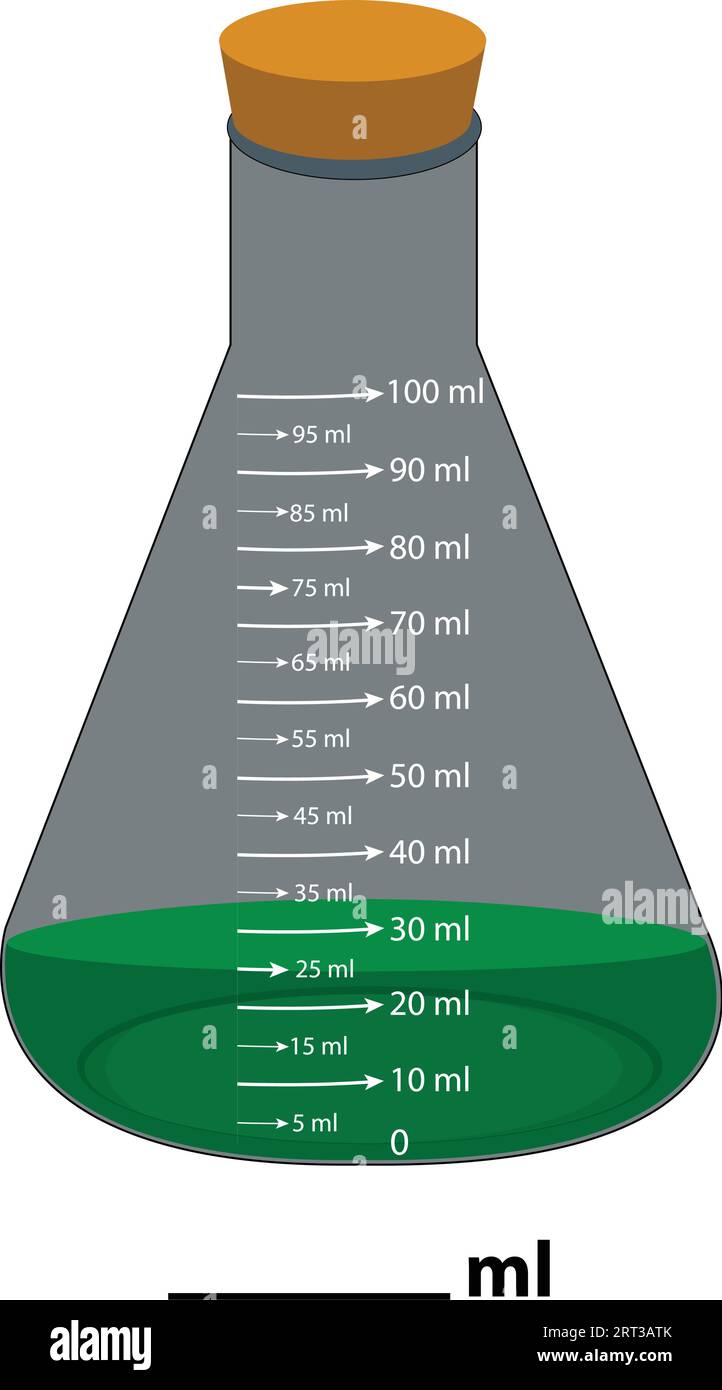 Glass laboratory chemical measuring flasks. with colorful liquids in a ...