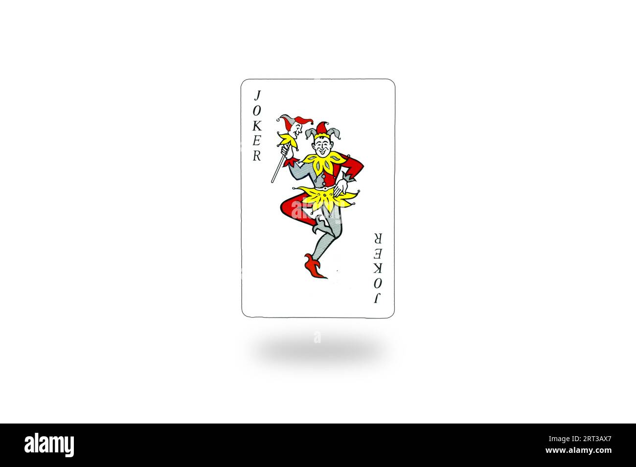Single Joker playing card floating in mid-air on a plain white ...