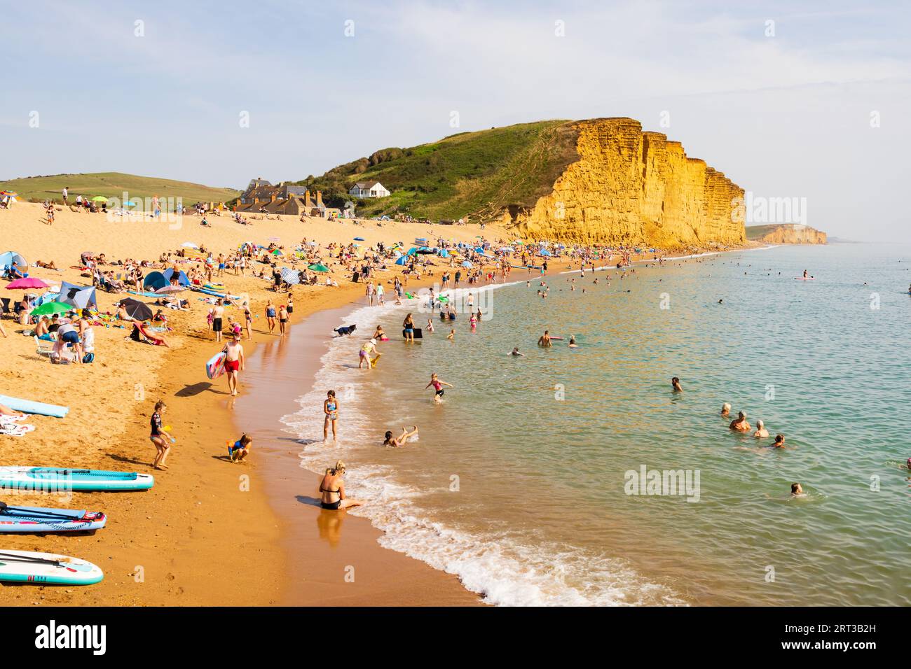 The golden cliffs of West Bay with sunbathers and swimmers after recent ...