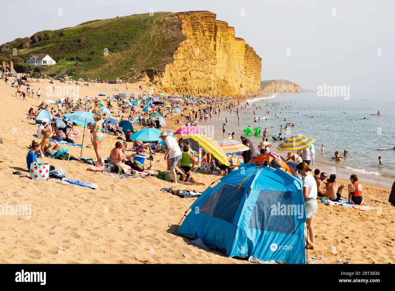 The golden cliffs of West Bay with sunbathers and swimmers after recent ...