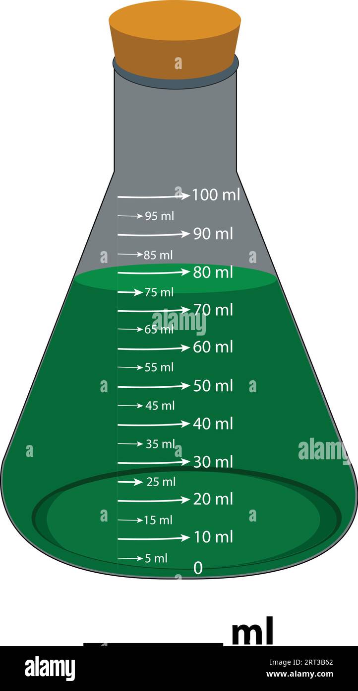 Glass laboratory chemical measuring flasks. with colorful liquids in a ...