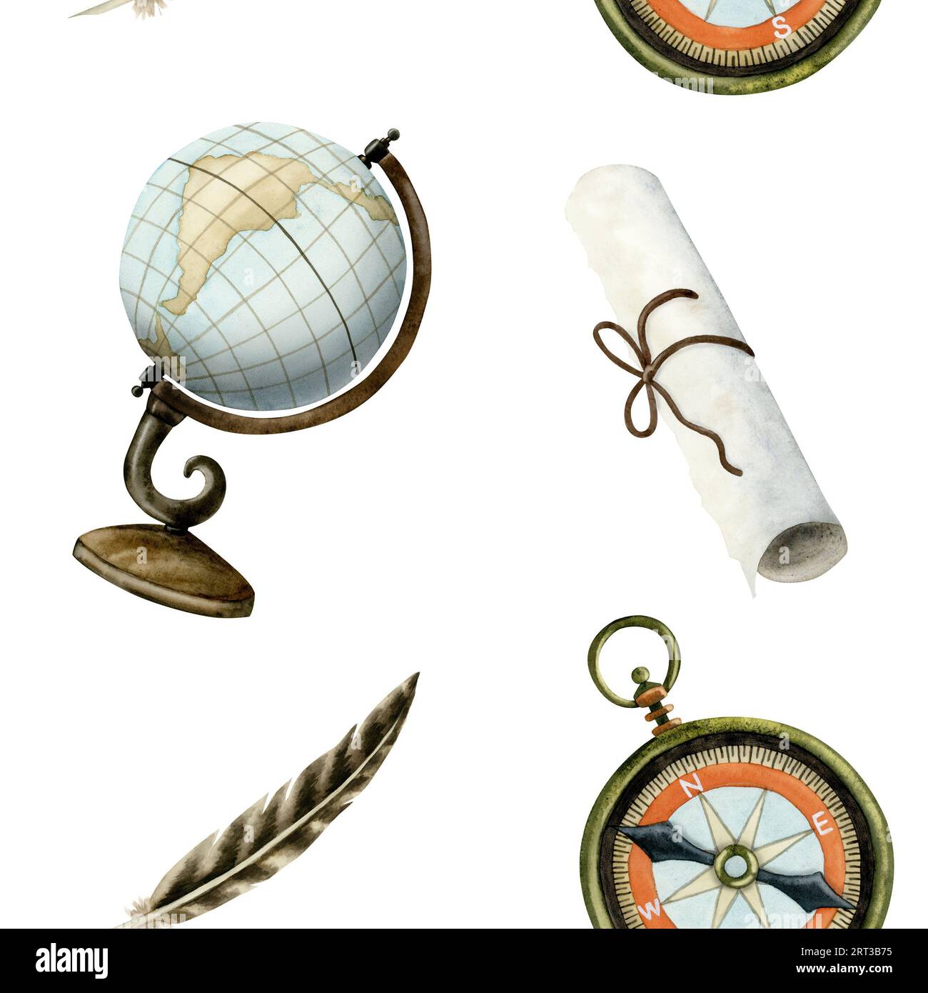 Globe, compass, paper scroll feather watercolor seamless pattern on ...