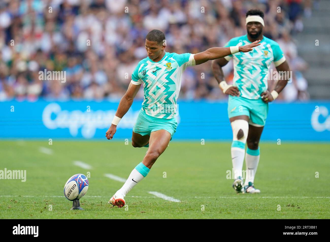 South Africa's Manie Libbok takes a penalty kick during the 2023 Rugby ...