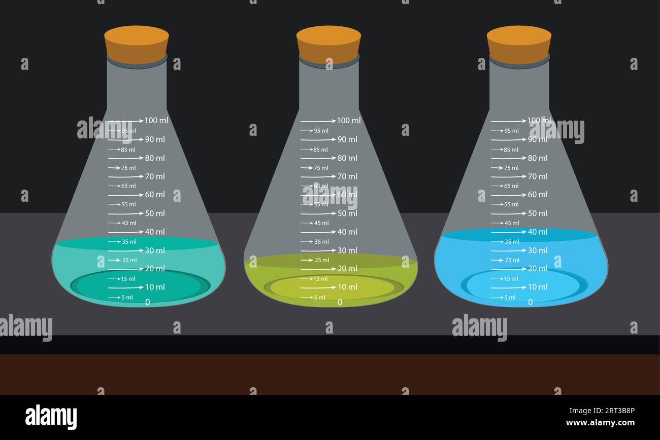 Glass laboratory chemical measuring flasks. with colorful liquids in a ...