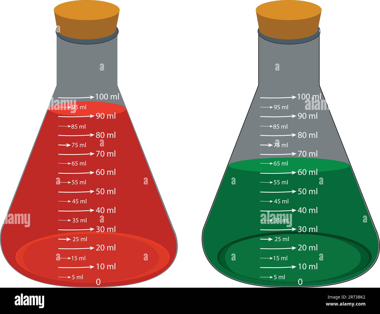 Glass laboratory chemical measuring flasks. with colorful liquids in a ...