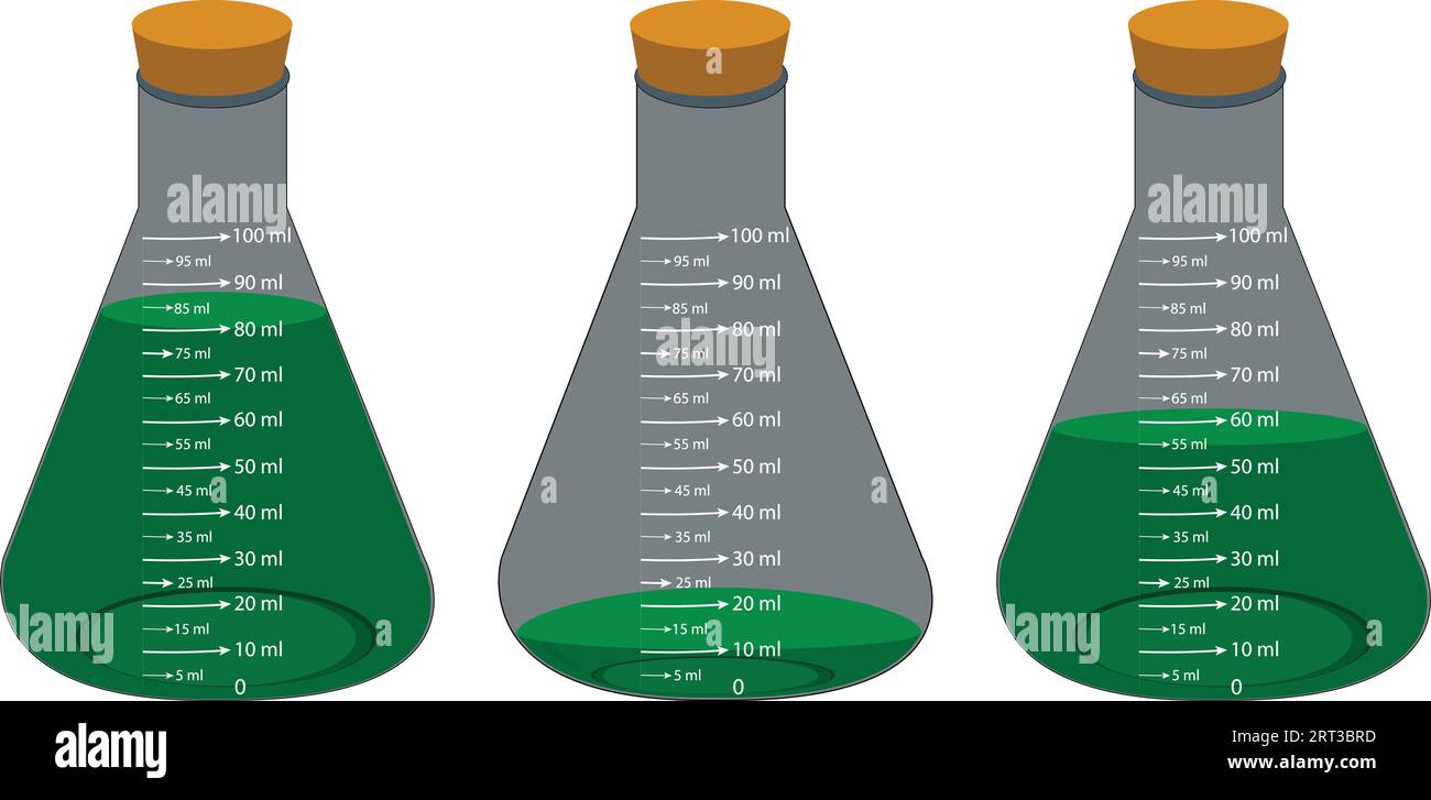 Glass laboratory chemical measuring flasks. with colorful liquids in a ...